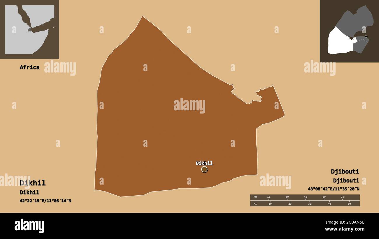 Shape of Dikhil, region of Djibouti, and its capital. Distance scale ...