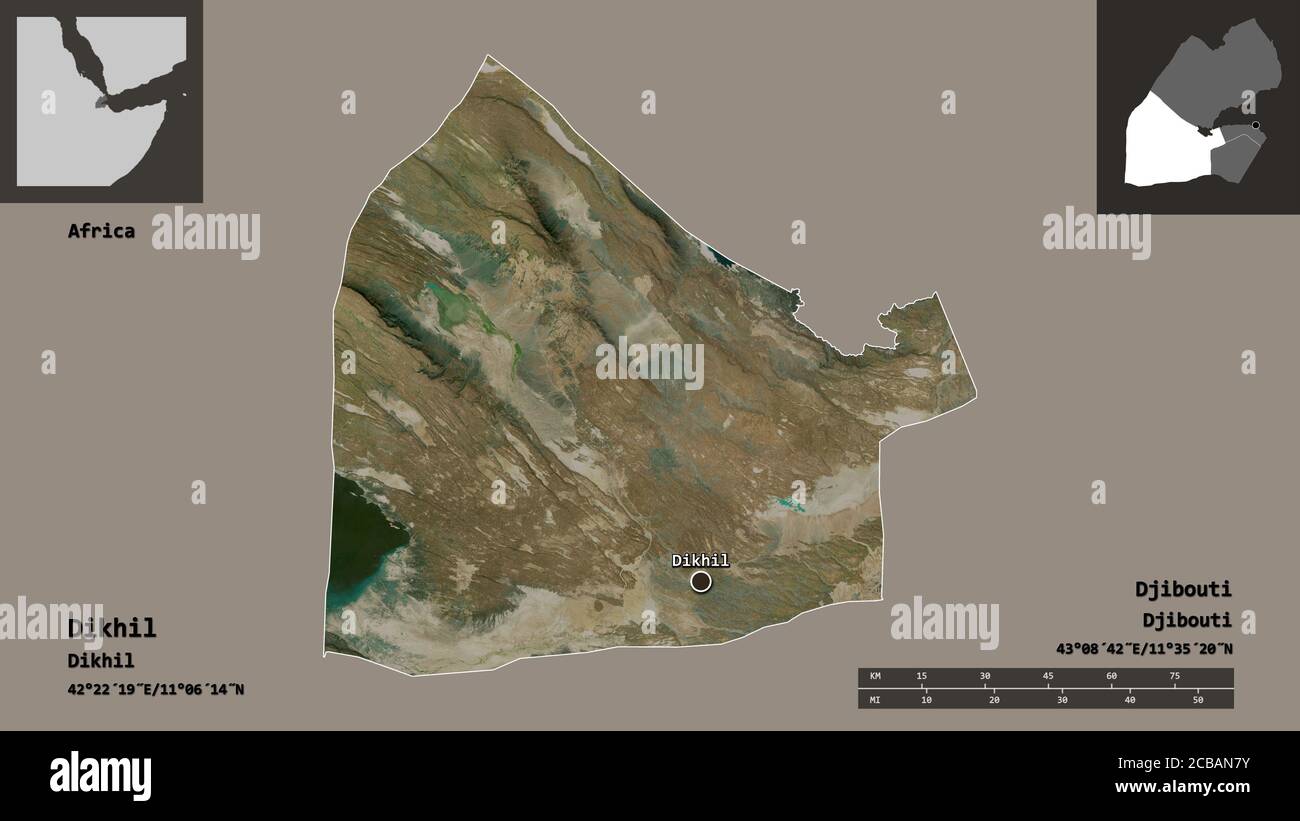 Shape of Dikhil, region of Djibouti, and its capital. Distance scale ...