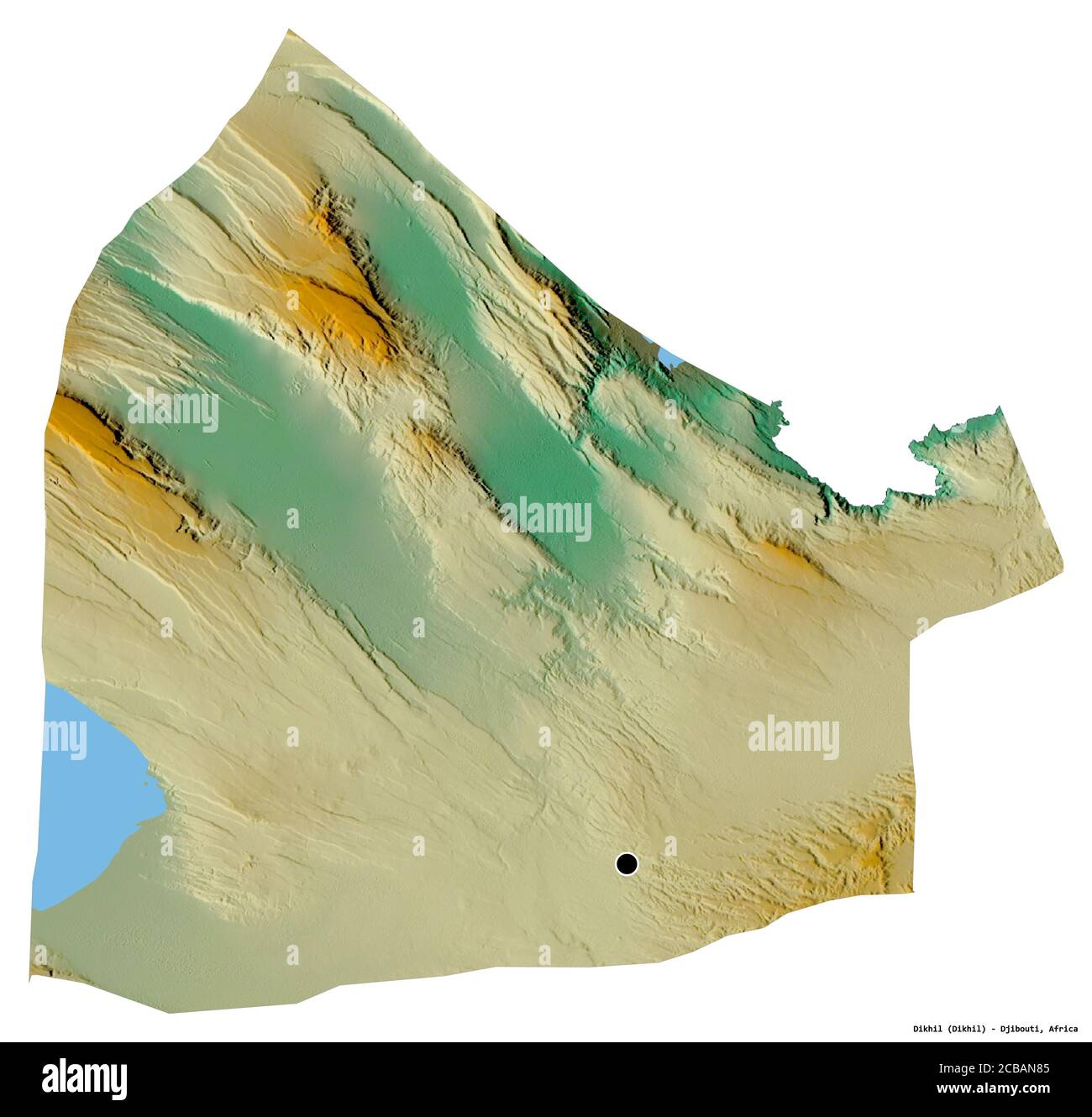 Shape of Dikhil, region of Djibouti, with its capital isolated on white ...