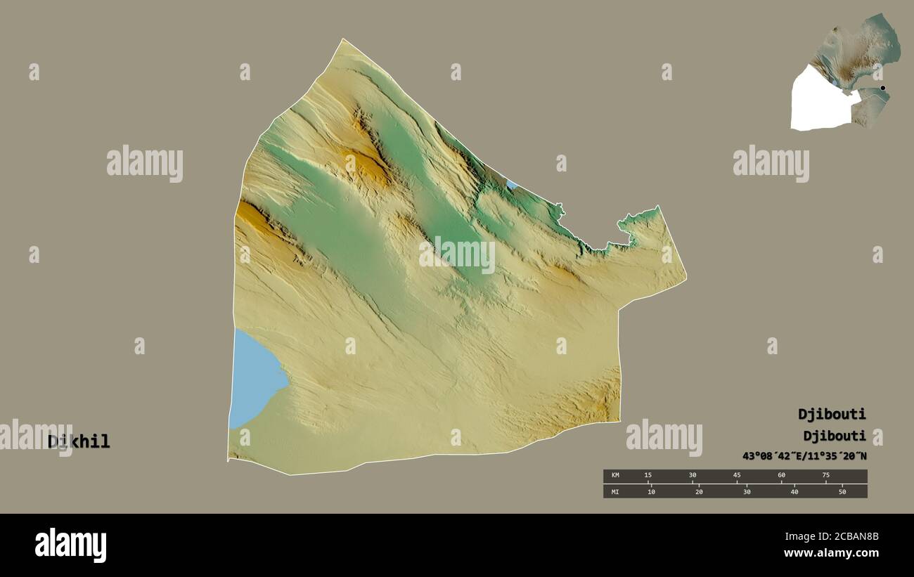 Shape of Dikhil, region of Djibouti, with its capital isolated on solid ...