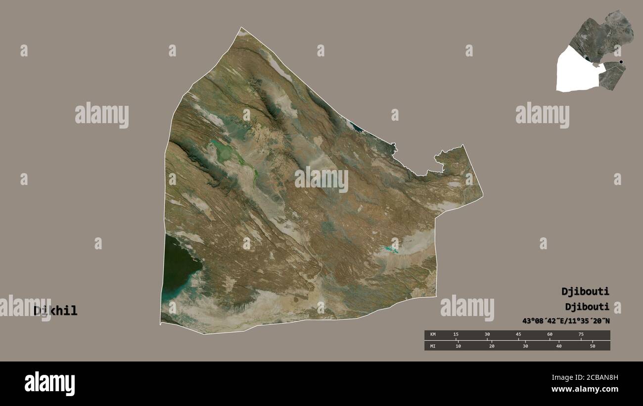 Shape of Dikhil, region of Djibouti, with its capital isolated on solid ...