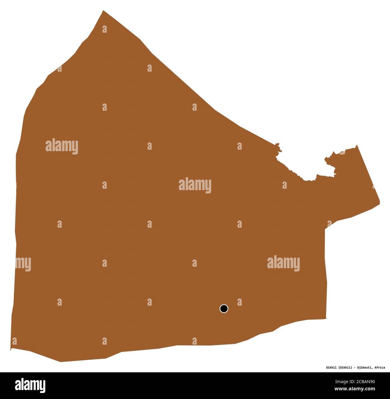 Shape of Dikhil, region of Djibouti, with its capital isolated on white ...