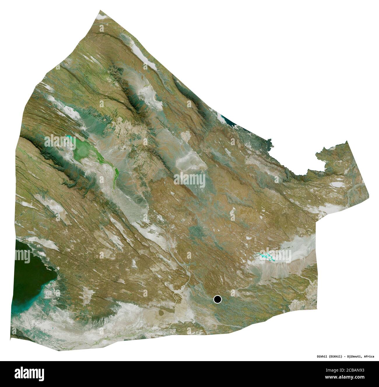 Shape of Dikhil, region of Djibouti, with its capital isolated on white ...