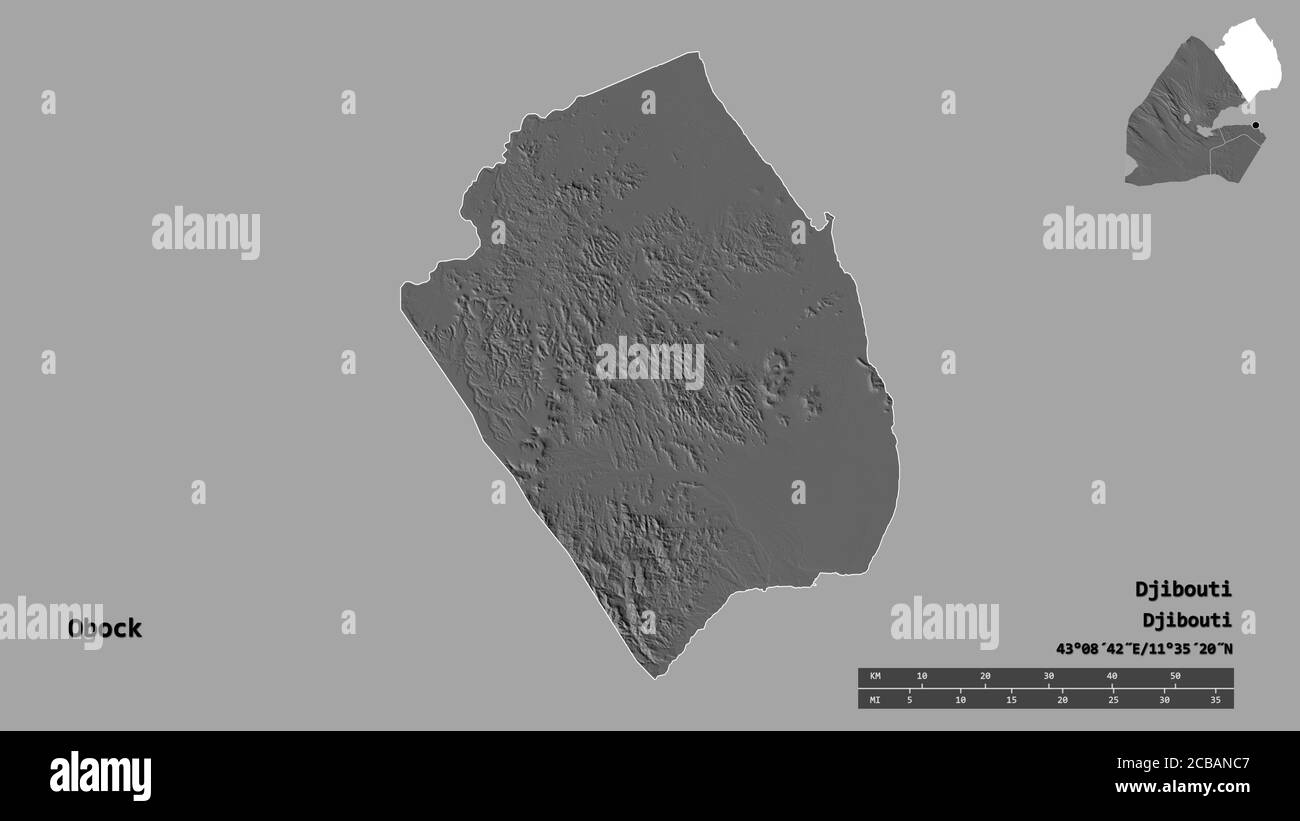 Shape of Obock, region of Djibouti, with its capital isolated on solid ...