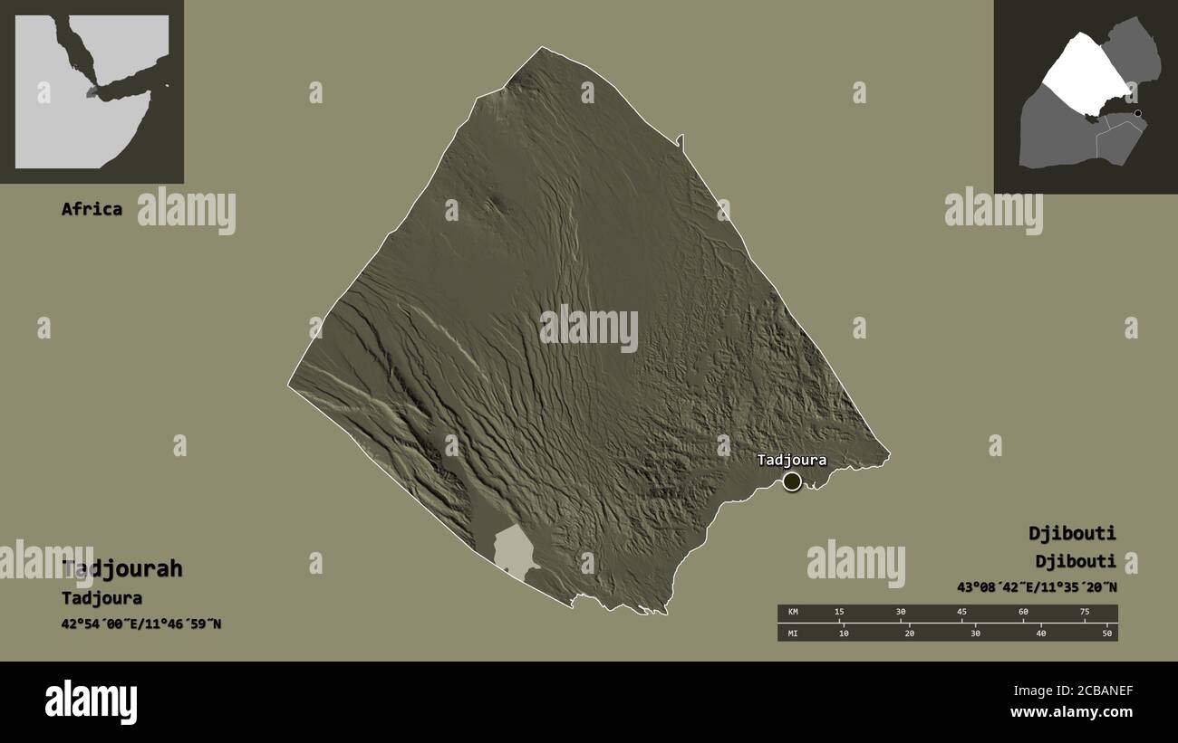 Shape of Tadjourah, region of Djibouti, and its capital. Distance scale ...
