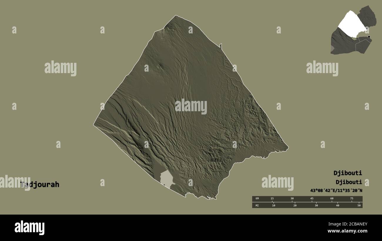 Shape of Tadjourah, region of Djibouti, with its capital isolated on ...