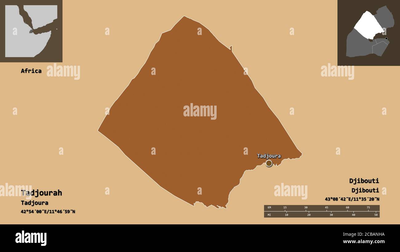 Shape of Tadjourah, region of Djibouti, and its capital. Distance scale ...