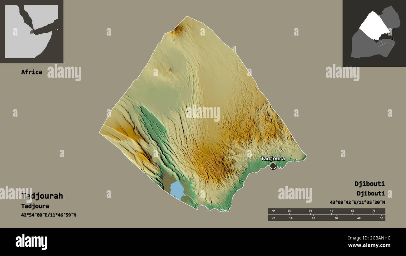 Shape of Tadjourah, region of Djibouti, and its capital. Distance scale ...