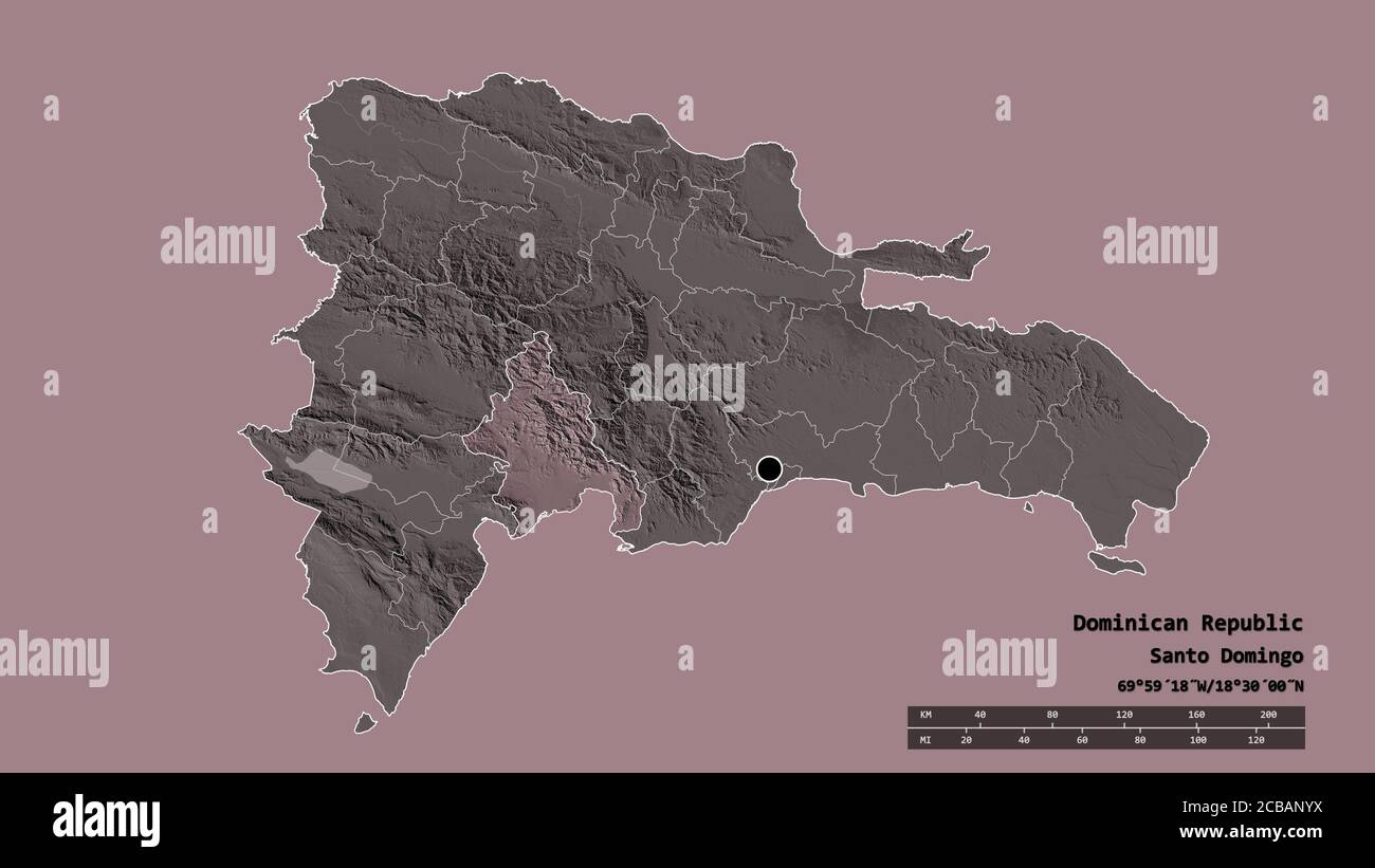 Desaturated shape of Dominican Republic with its capital, main regional ...