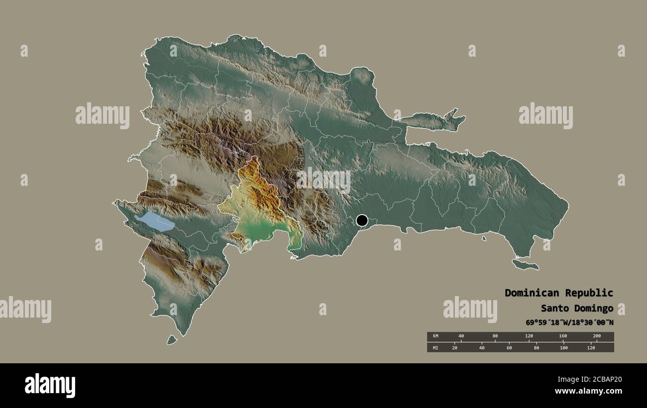 Desaturated shape of Dominican Republic with its capital, main regional ...