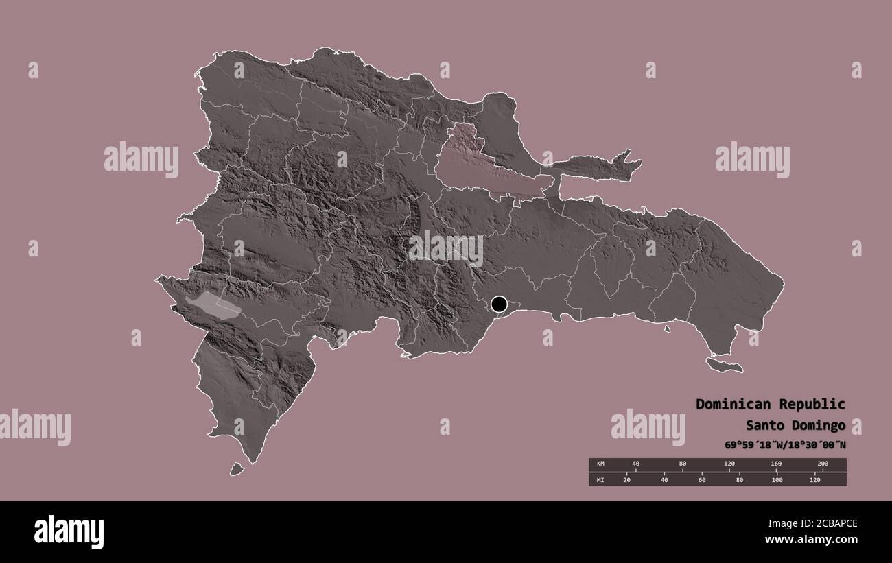 Desaturated shape of Dominican Republic with its capital, main regional ...