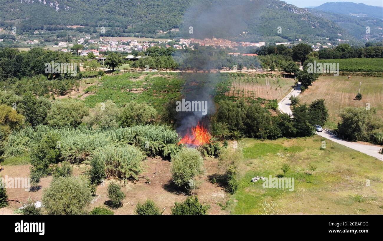 Trees burning with village sight in South Italy Stock Photo - Alamy
