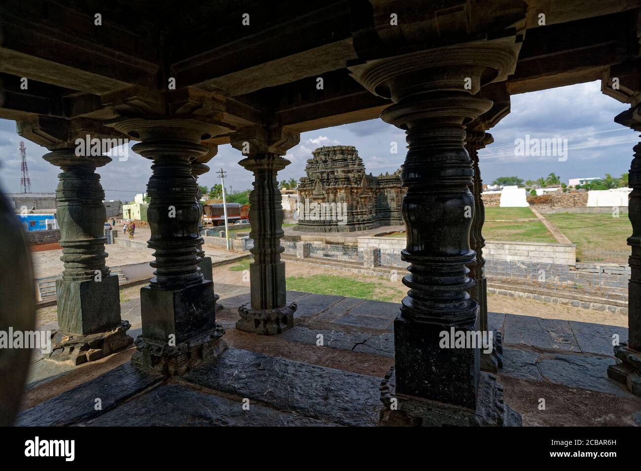Close up of open mantapa with various pillar designs at Nanesvara ...