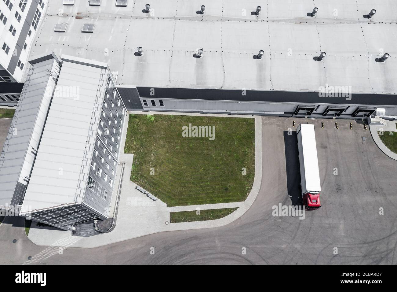 the truck is waiting for loading in the logistics center top view Stock ...