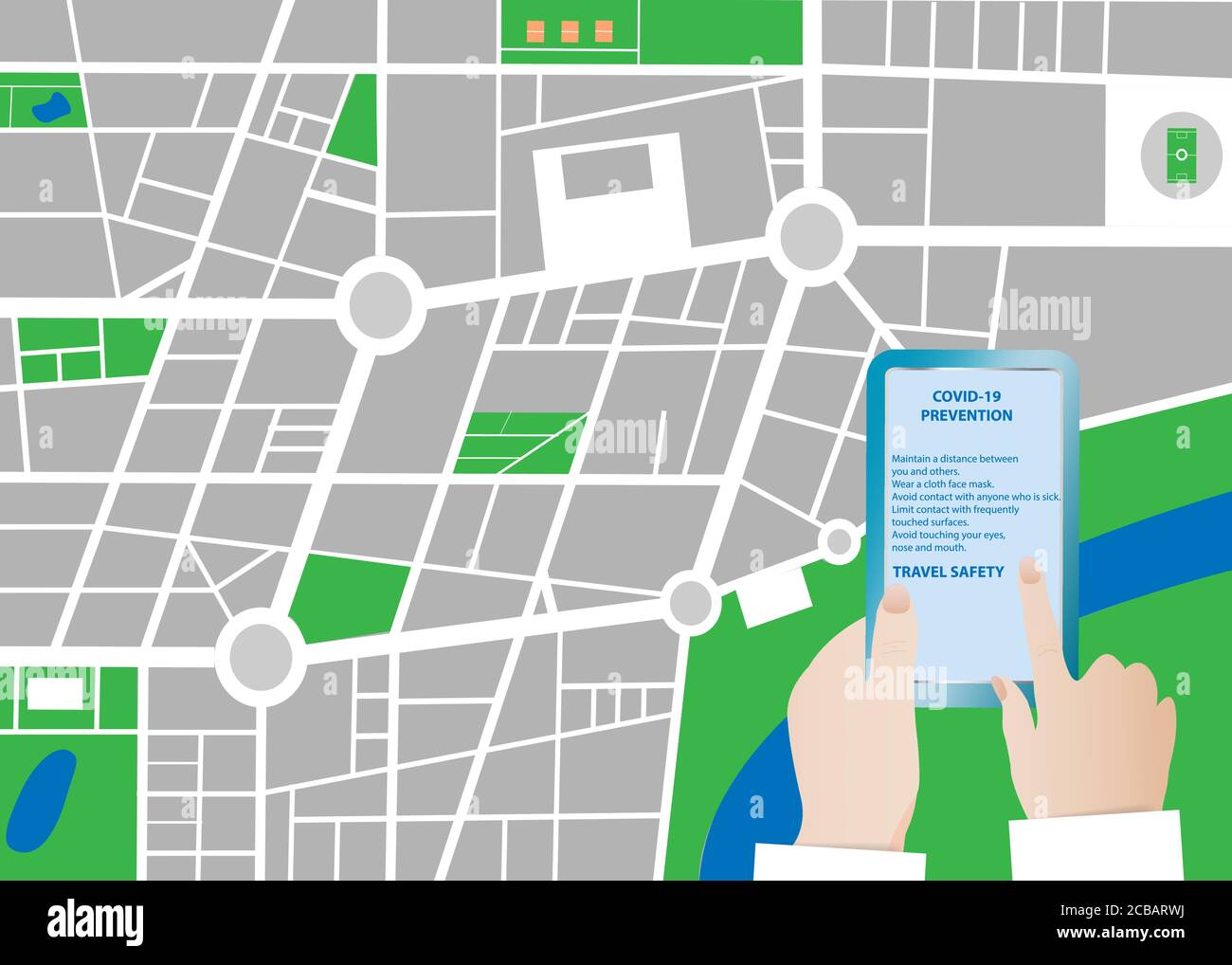 Tourist is touching screen of a smart phone with travel safety ...
