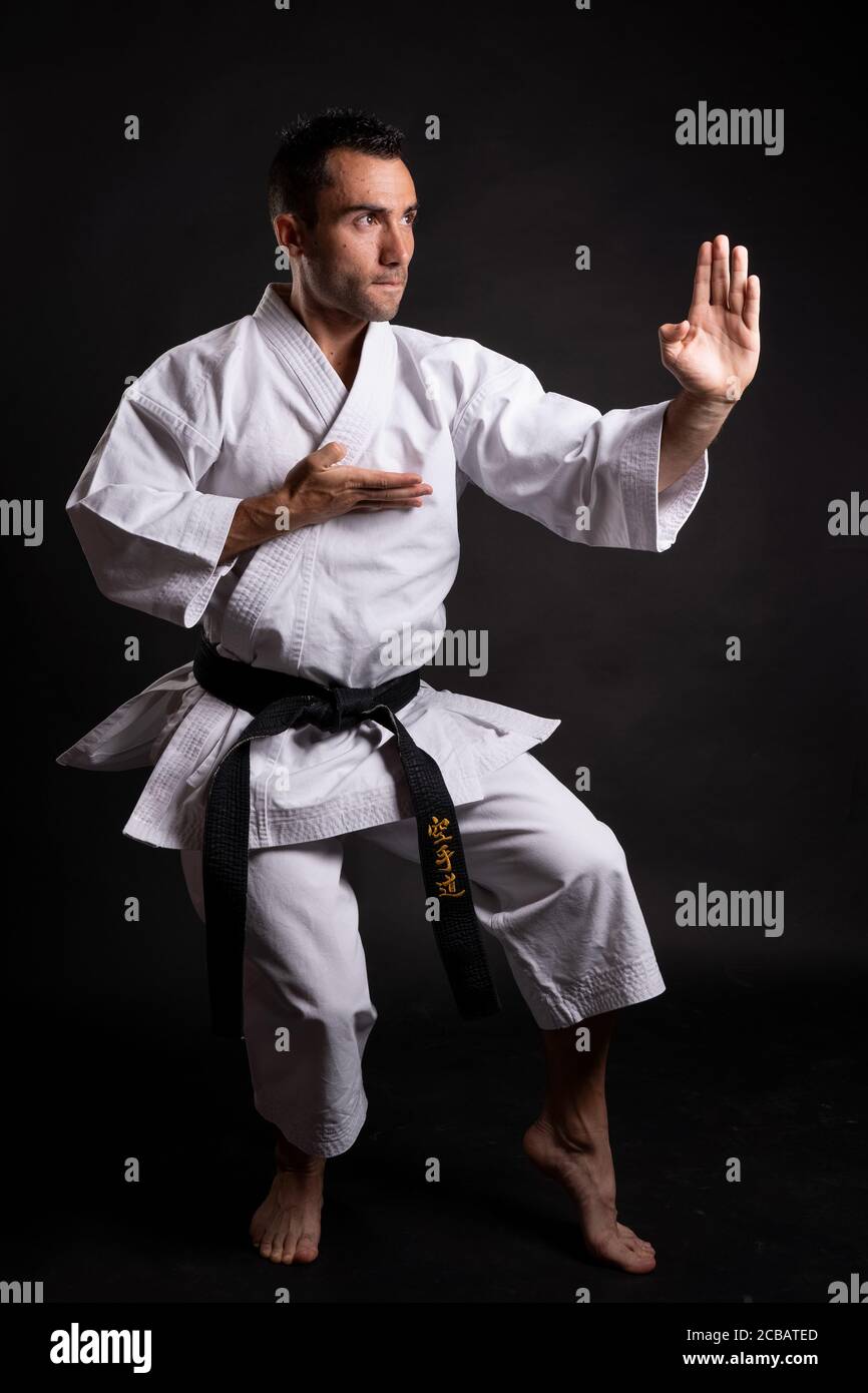 karateka practicing kata with black background Stock Photo - Alamy