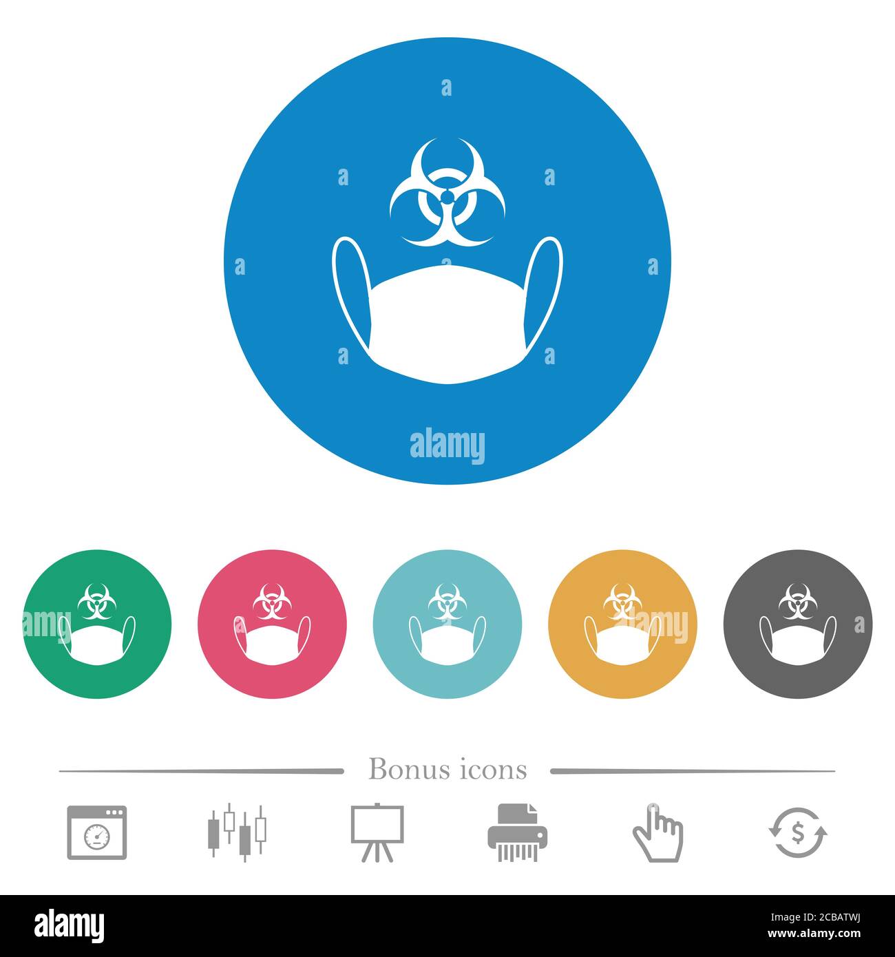 Face mask and biohazard symbol flat white icons on round color ...