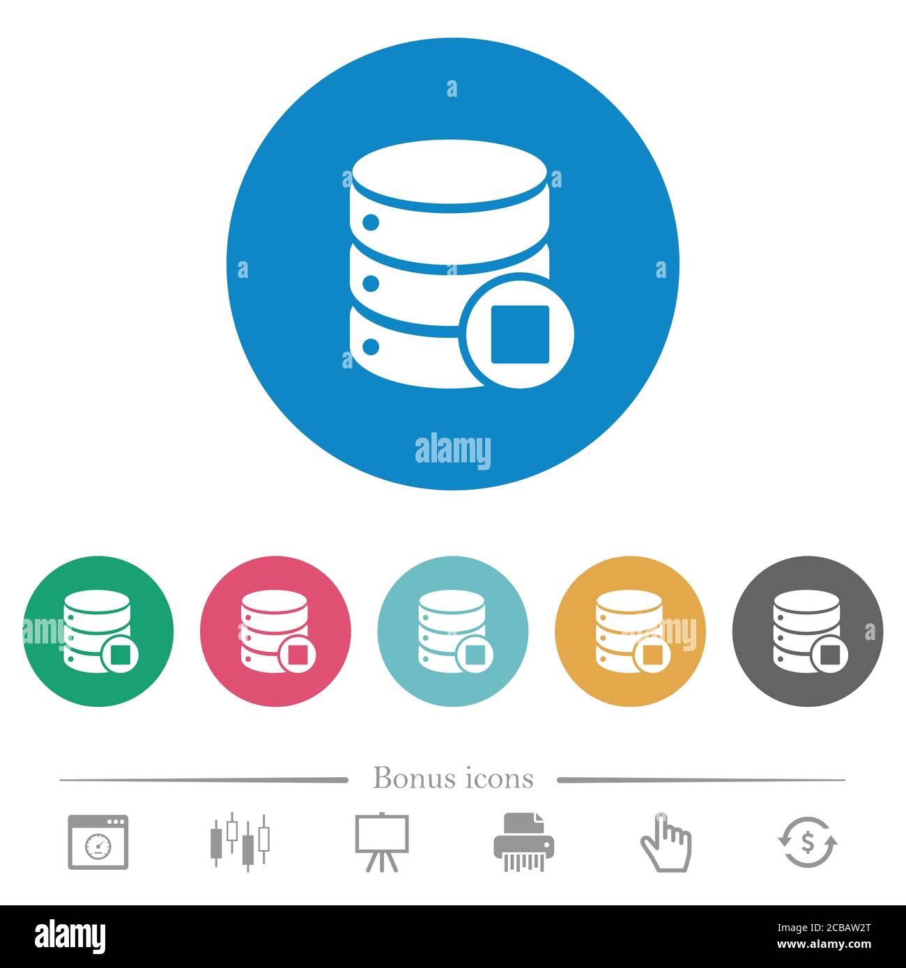 Database macro stop flat white icons on round color backgrounds. 6 ...