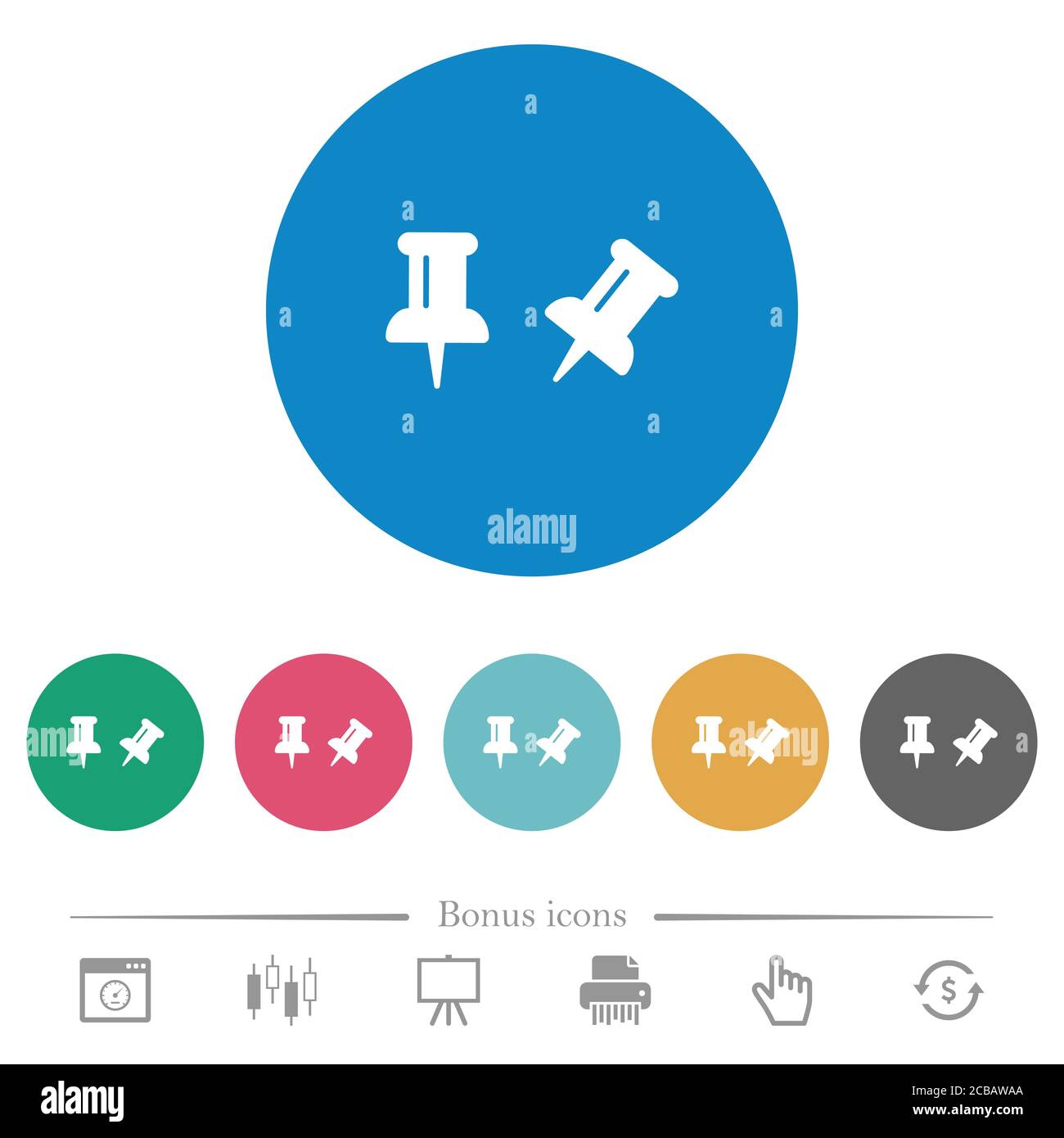 Toggle pin flat white icons on round color backgrounds. 6 bonus icons ...
