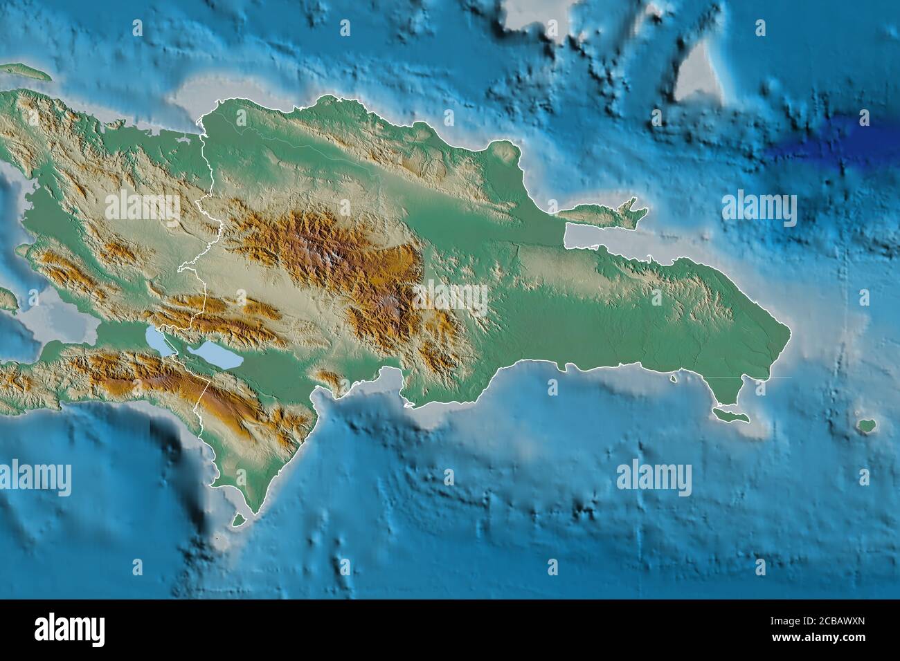 Extended area of outlined Dominican Republic. Topographic relief map ...