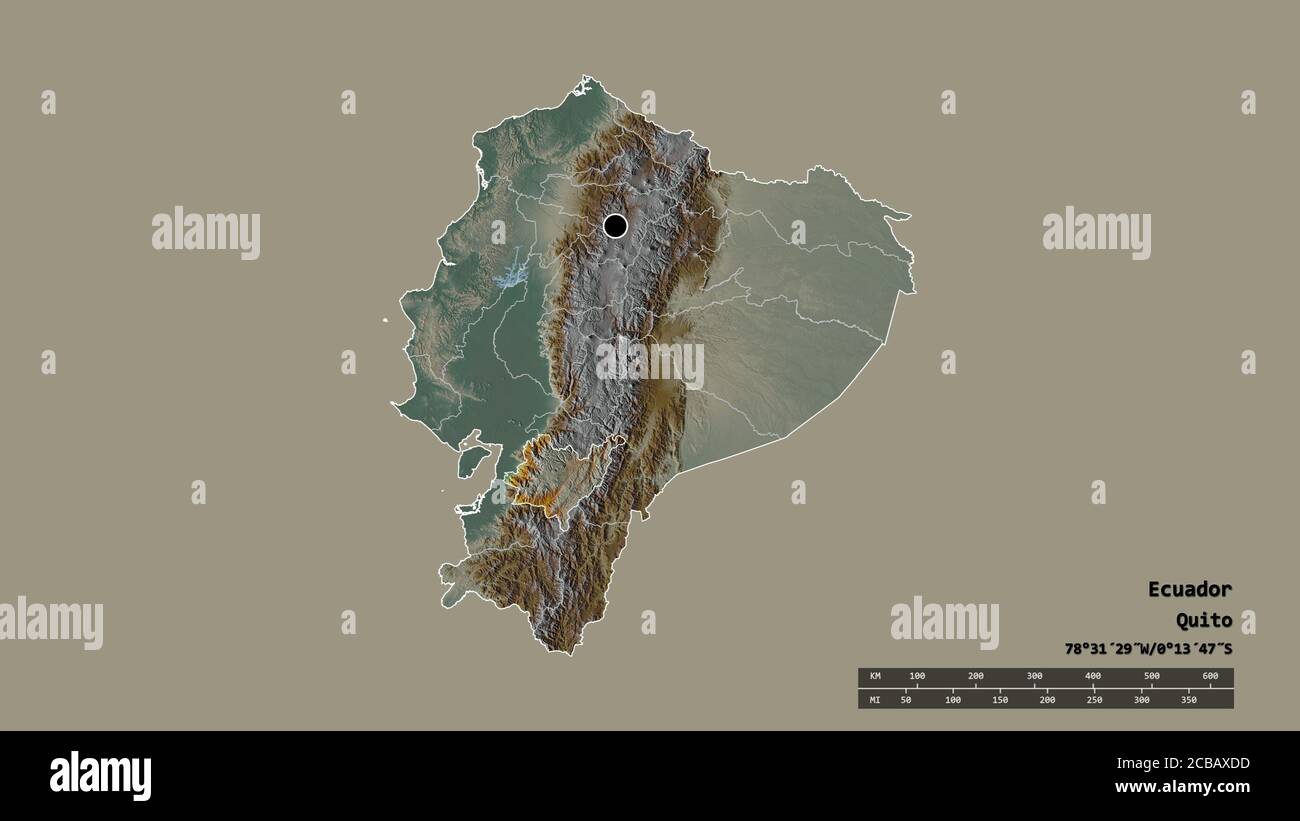 Desaturated shape of Ecuador with its capital, main regional division ...