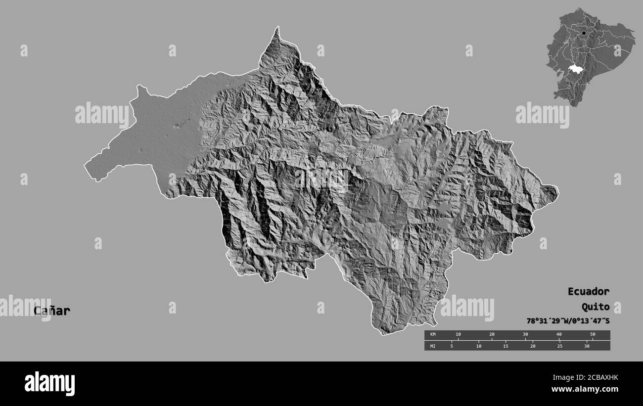 Shape of Cañar, province of Ecuador, with its capital isolated on solid ...