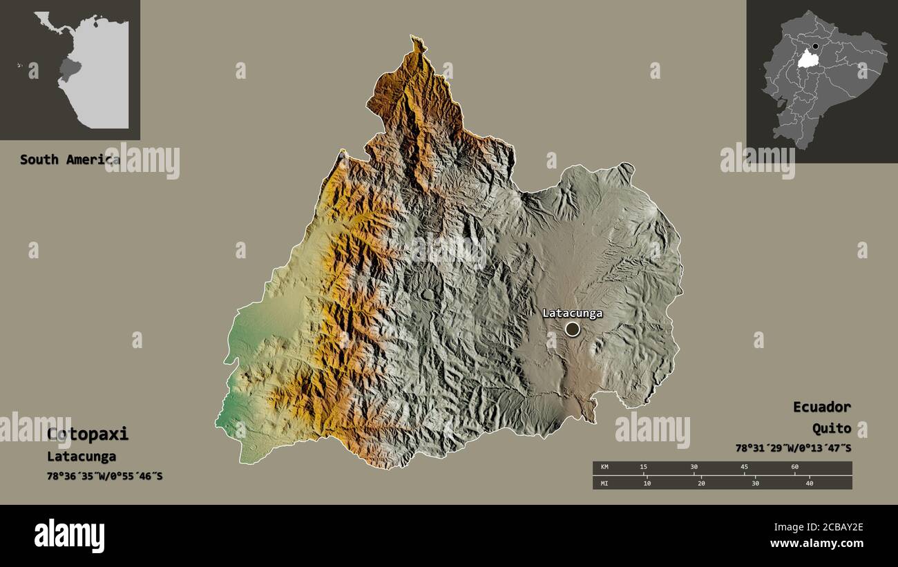Shape of Cotopaxi, province of Ecuador, and its capital. Distance scale ...
