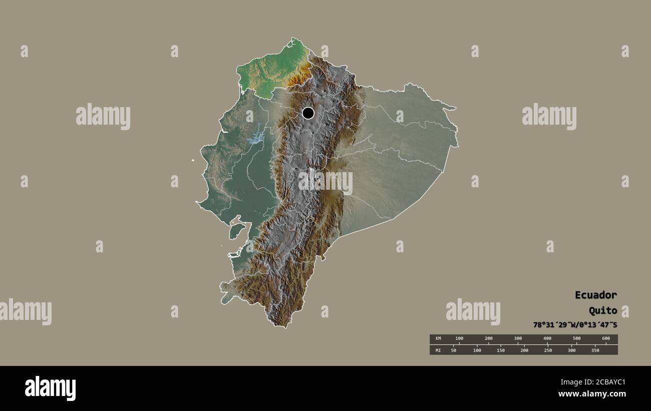 Desaturated shape of Ecuador with its capital, main regional division ...