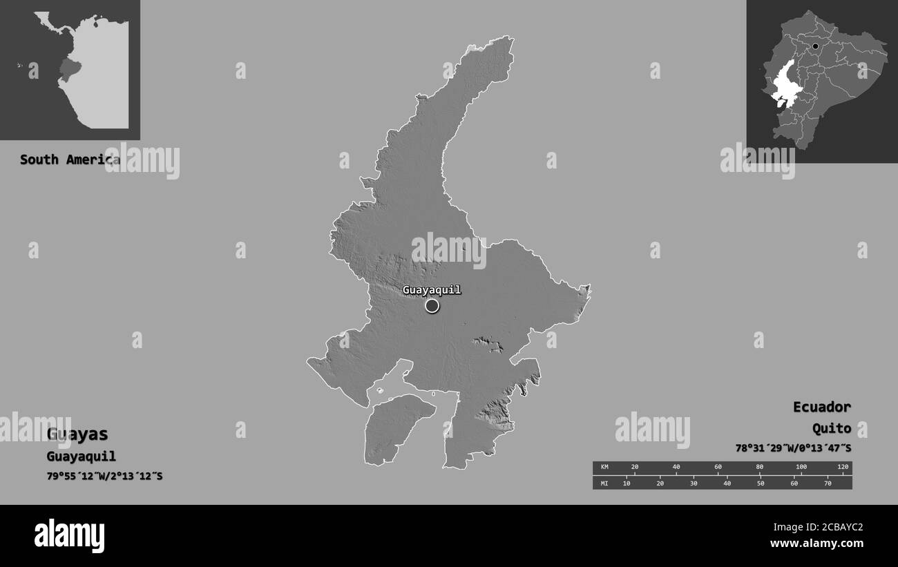 Shape of Guayas, province of Ecuador, and its capital. Distance scale ...