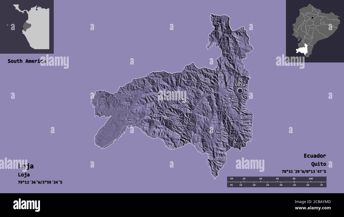 Shape of Loja, province of Ecuador, and its capital. Distance scale ...
