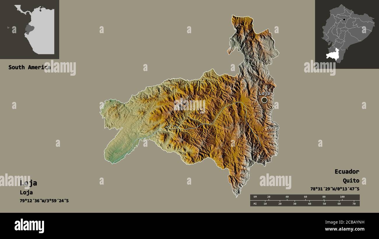 Shape of Loja, province of Ecuador, and its capital. Distance scale ...