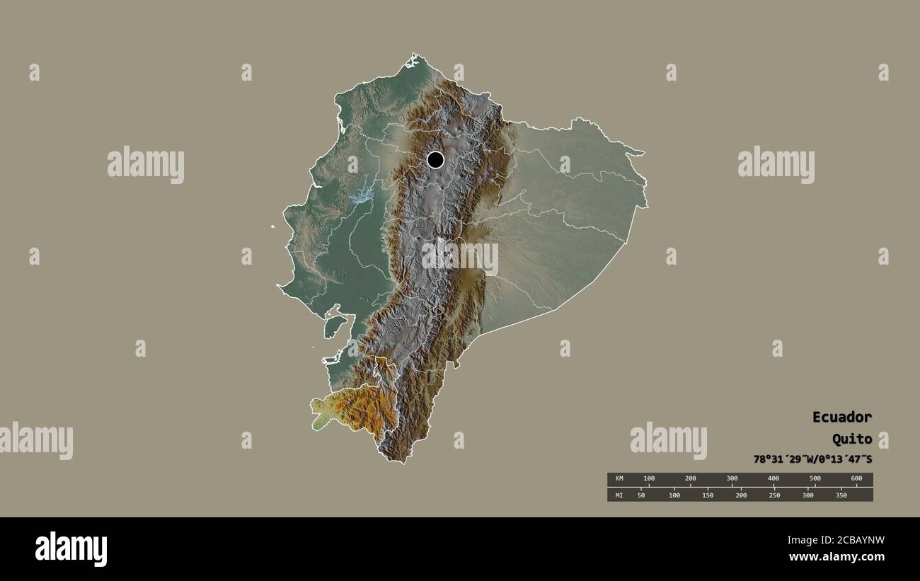 Desaturated shape of Ecuador with its capital, main regional division ...