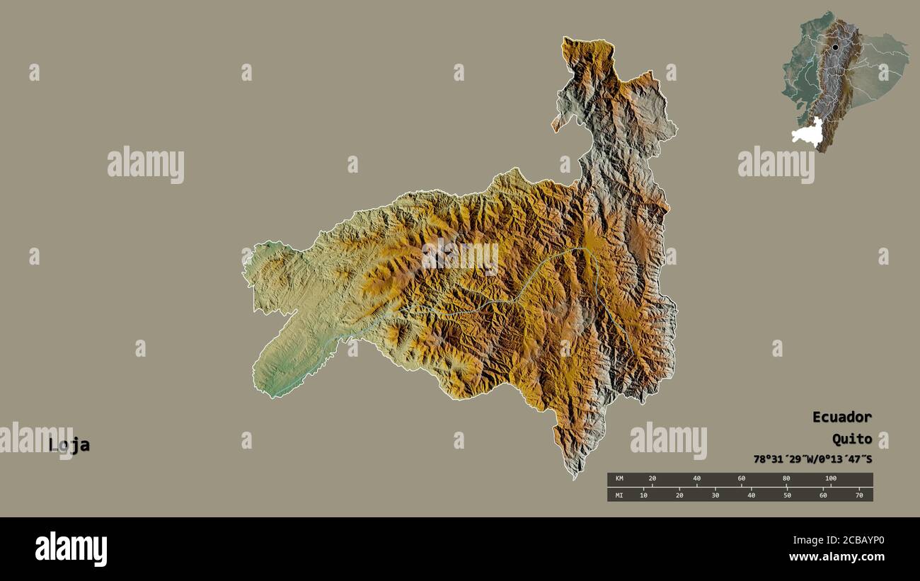 Shape of Loja, province of Ecuador, with its capital isolated on solid ...