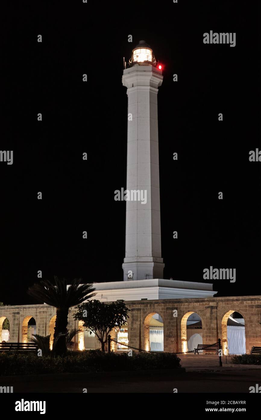 night view of the octagonal lighthouse of Cape of leuca, Salento ...