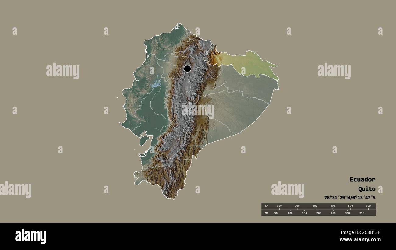 Desaturated shape of Ecuador with its capital, main regional division ...