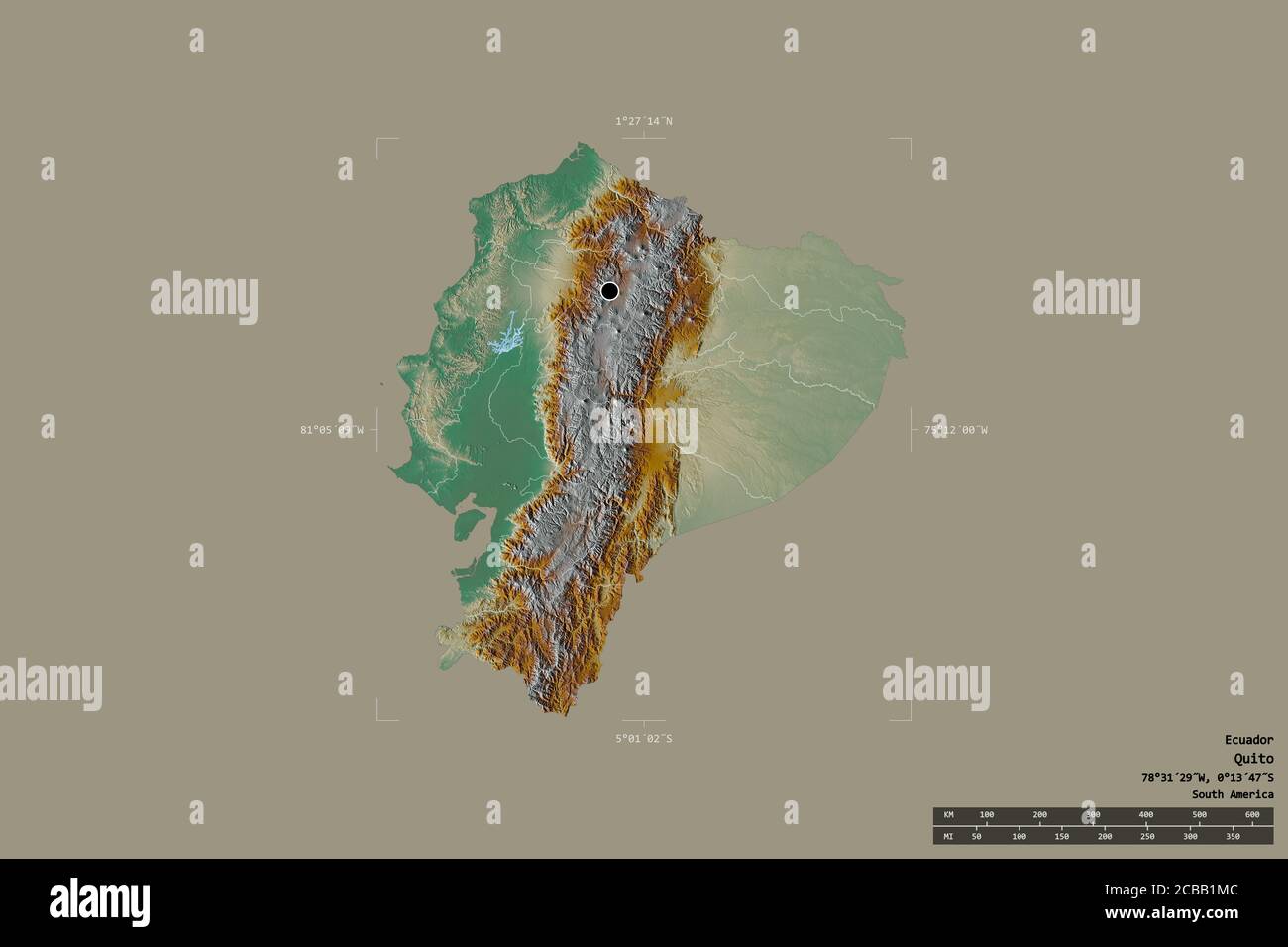 Area of Ecuador isolated on a solid background in a georeferenced ...