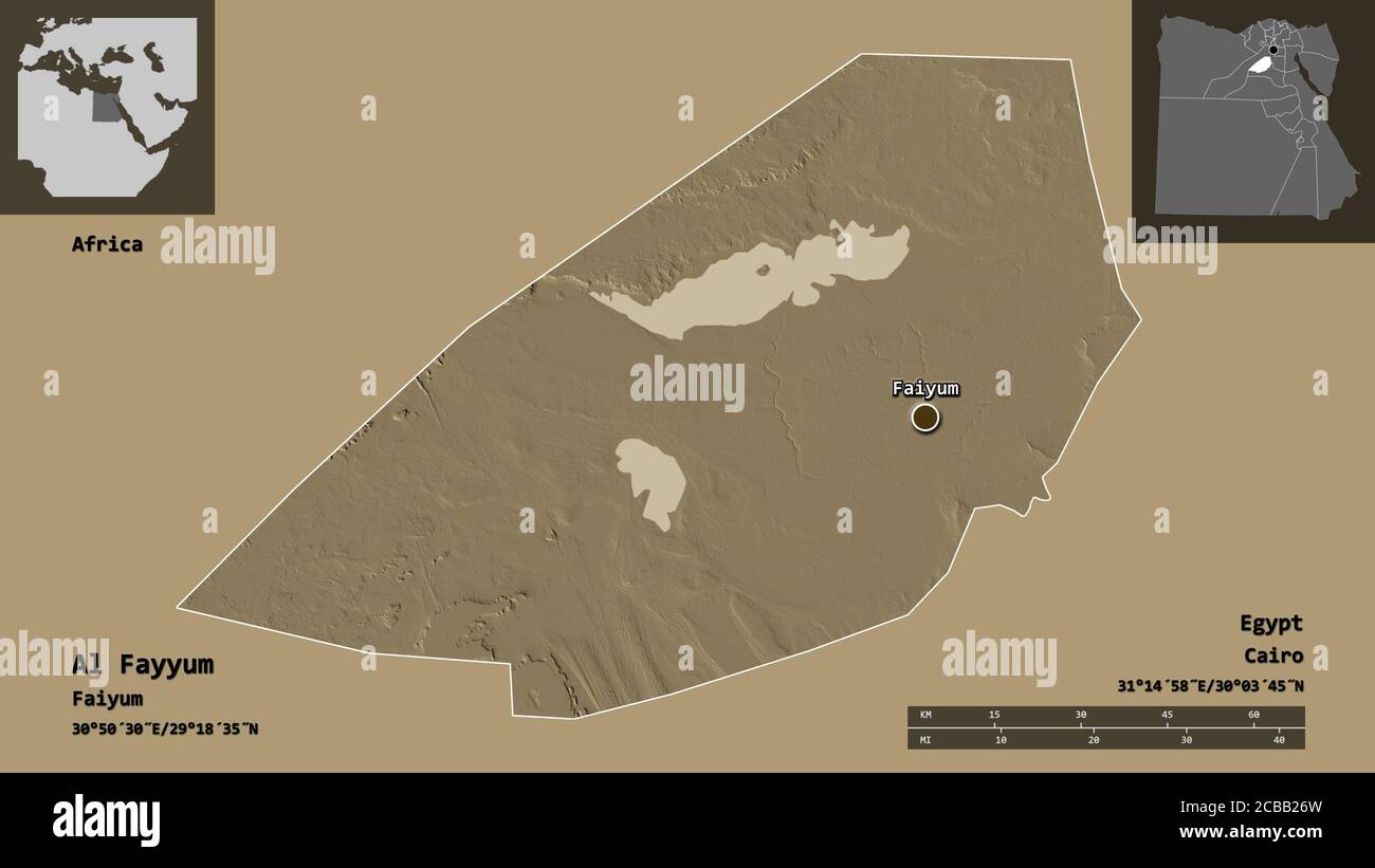 Shape of Al Fayyum, governorate of Egypt, and its capital. Distance ...