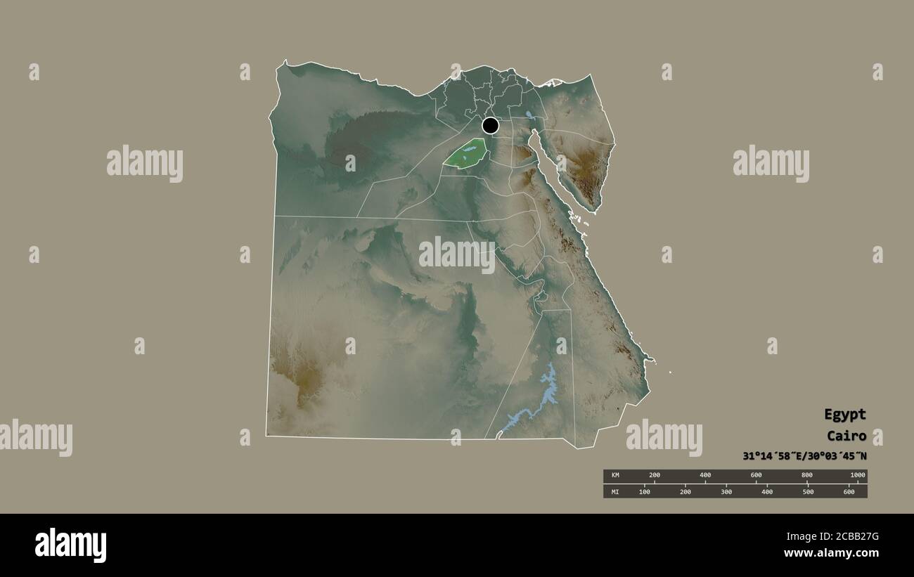 Desaturated shape of Egypt with its capital, main regional division and ...