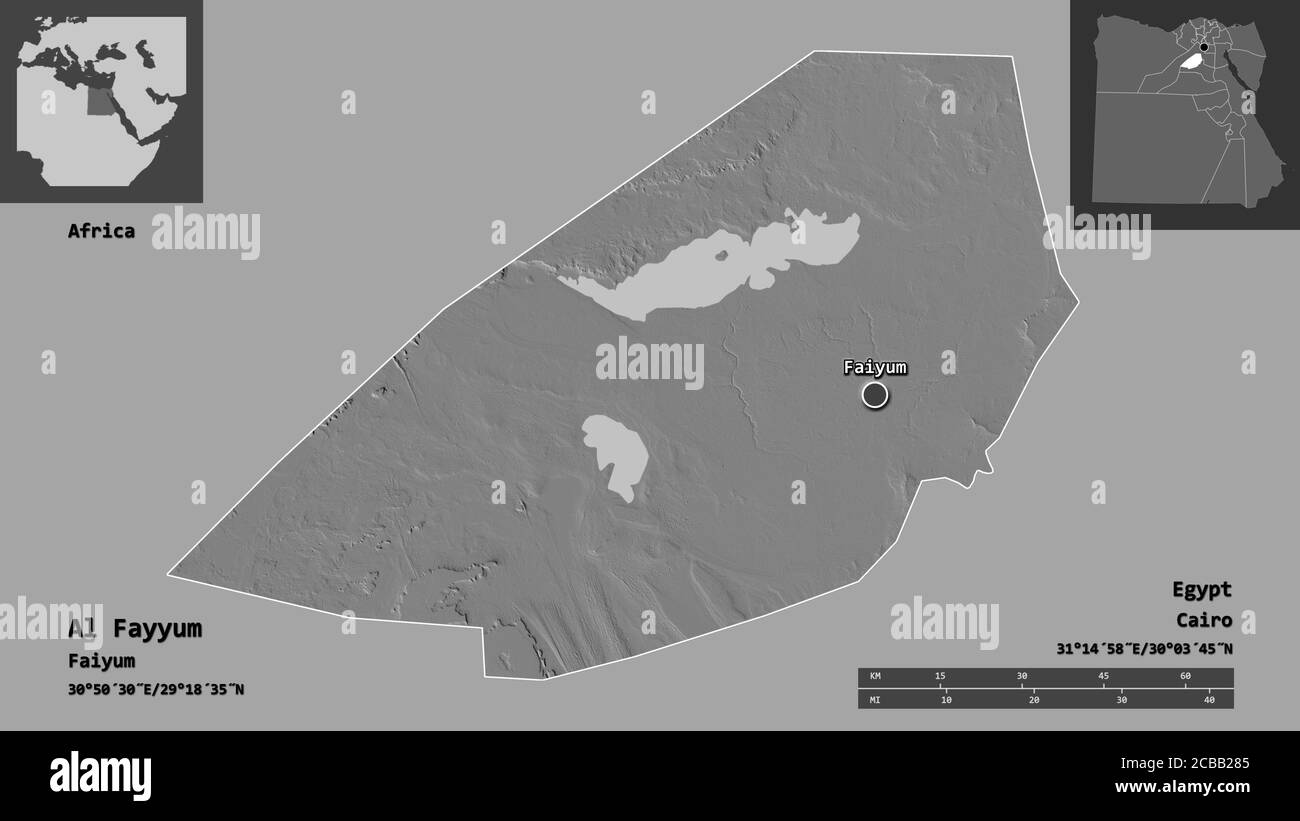 Shape of Al Fayyum, governorate of Egypt, and its capital. Distance ...