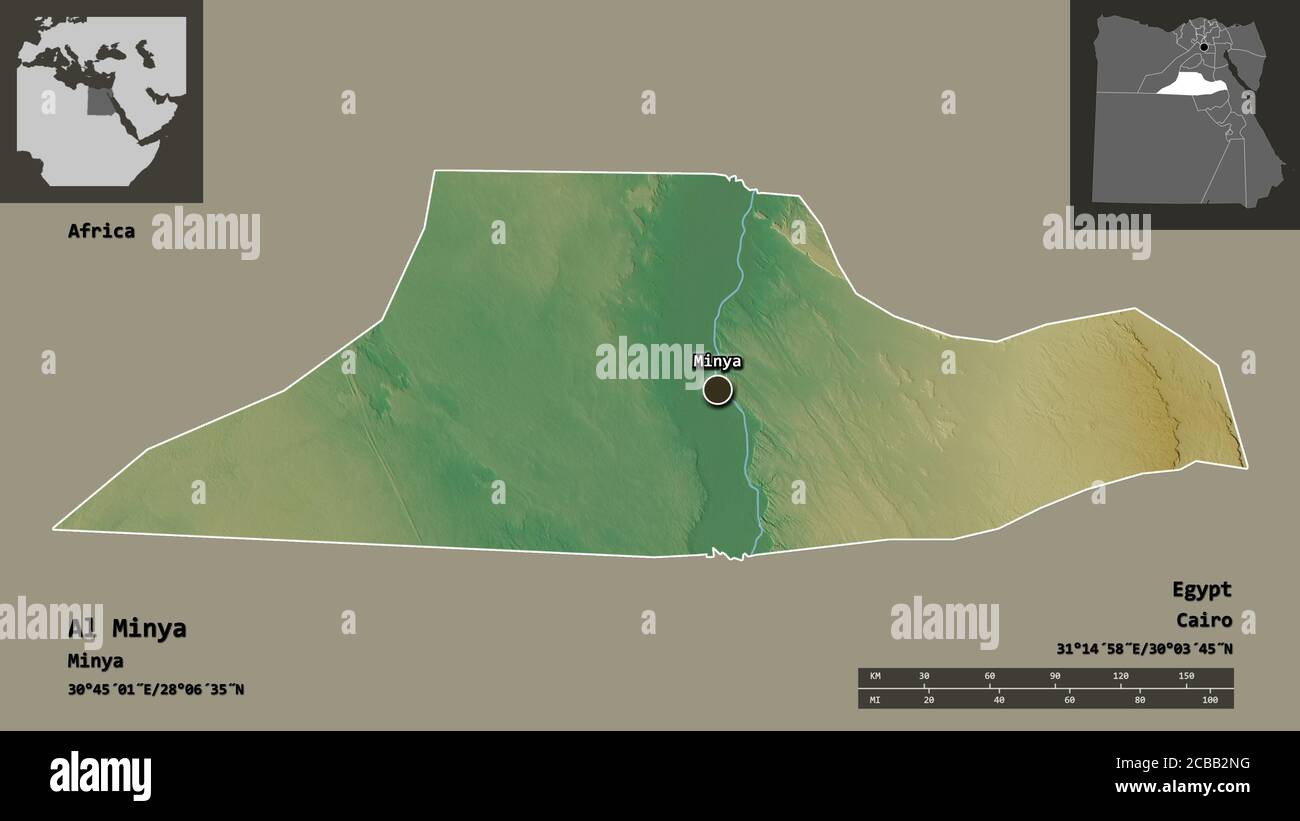 Shape of Al Minya, governorate of Egypt, and its capital. Distance ...