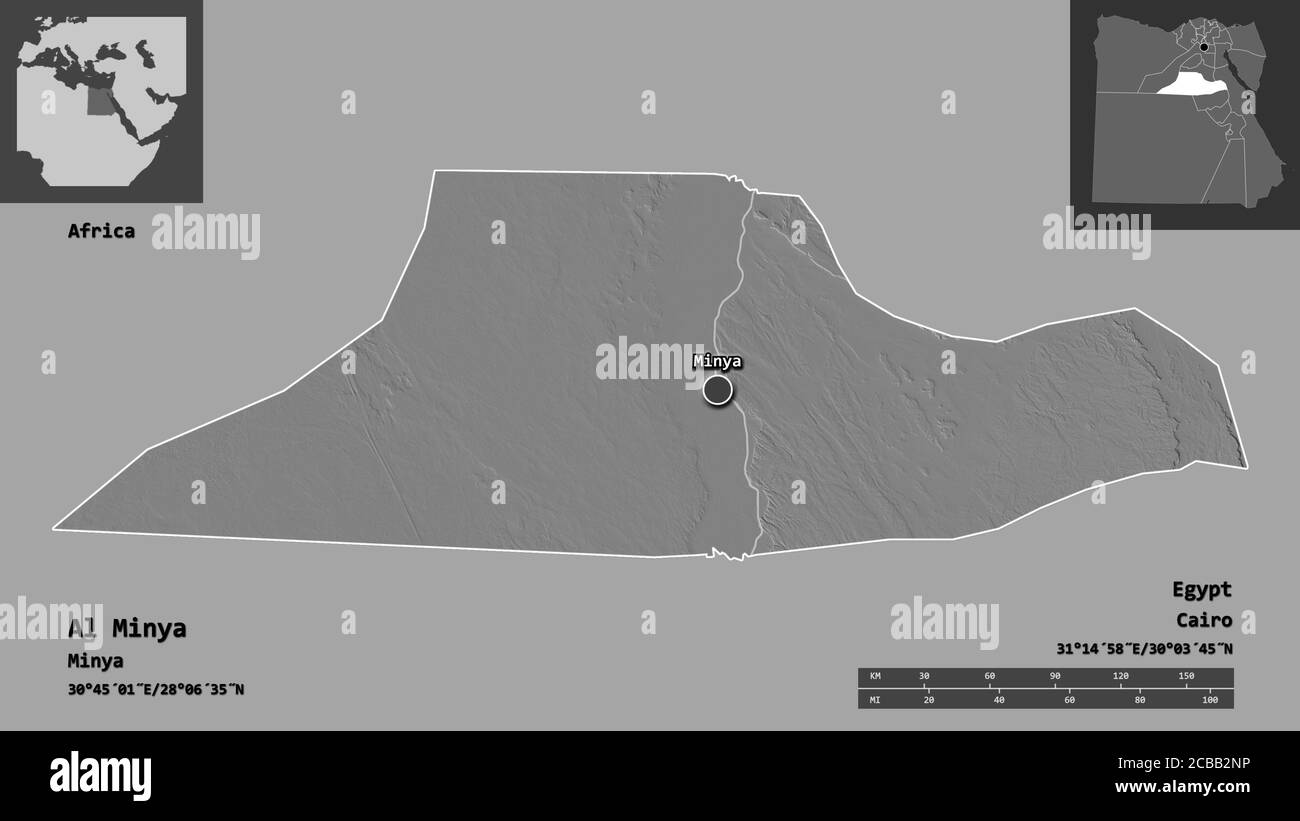 Shape of Al Minya, governorate of Egypt, and its capital. Distance ...