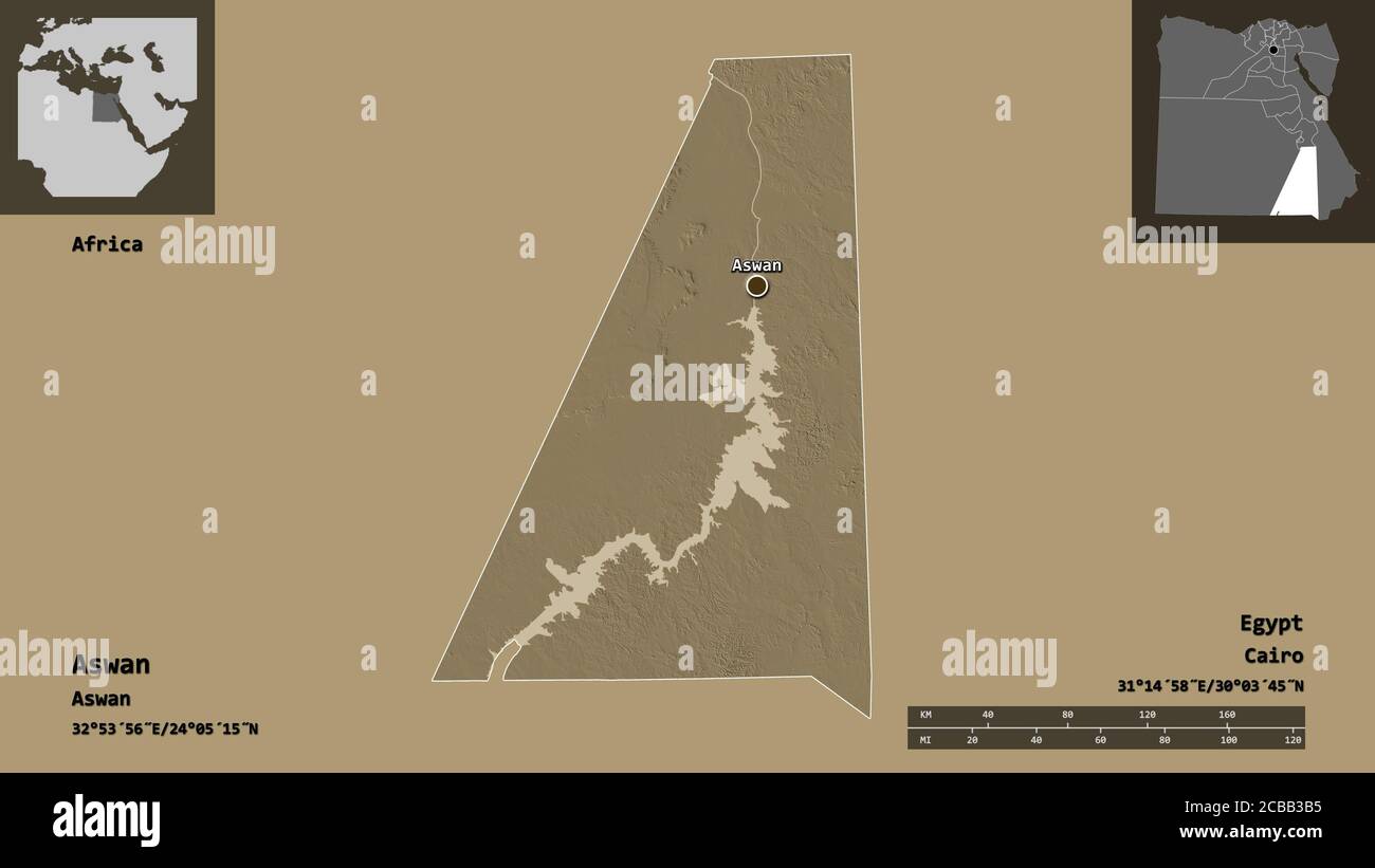 Shape of Aswan, governorate of Egypt, and its capital. Distance scale ...