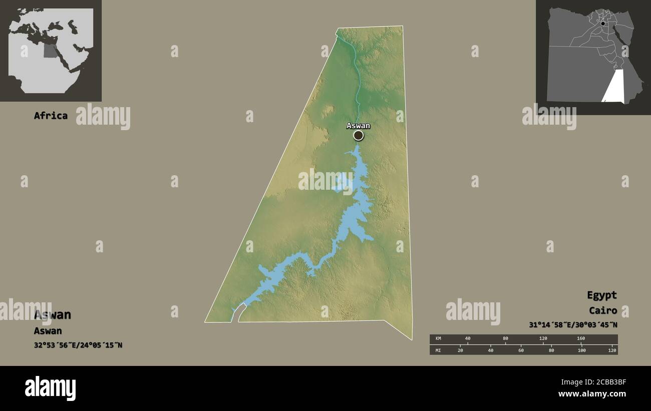 Shape of Aswan, governorate of Egypt, and its capital. Distance scale ...