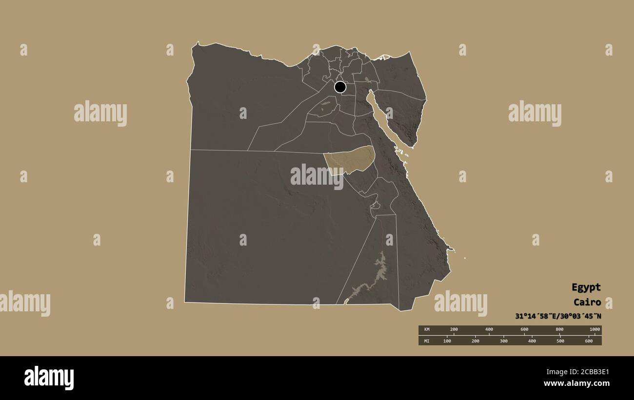 Desaturated shape of Egypt with its capital, main regional division and the separated Asyut area ...