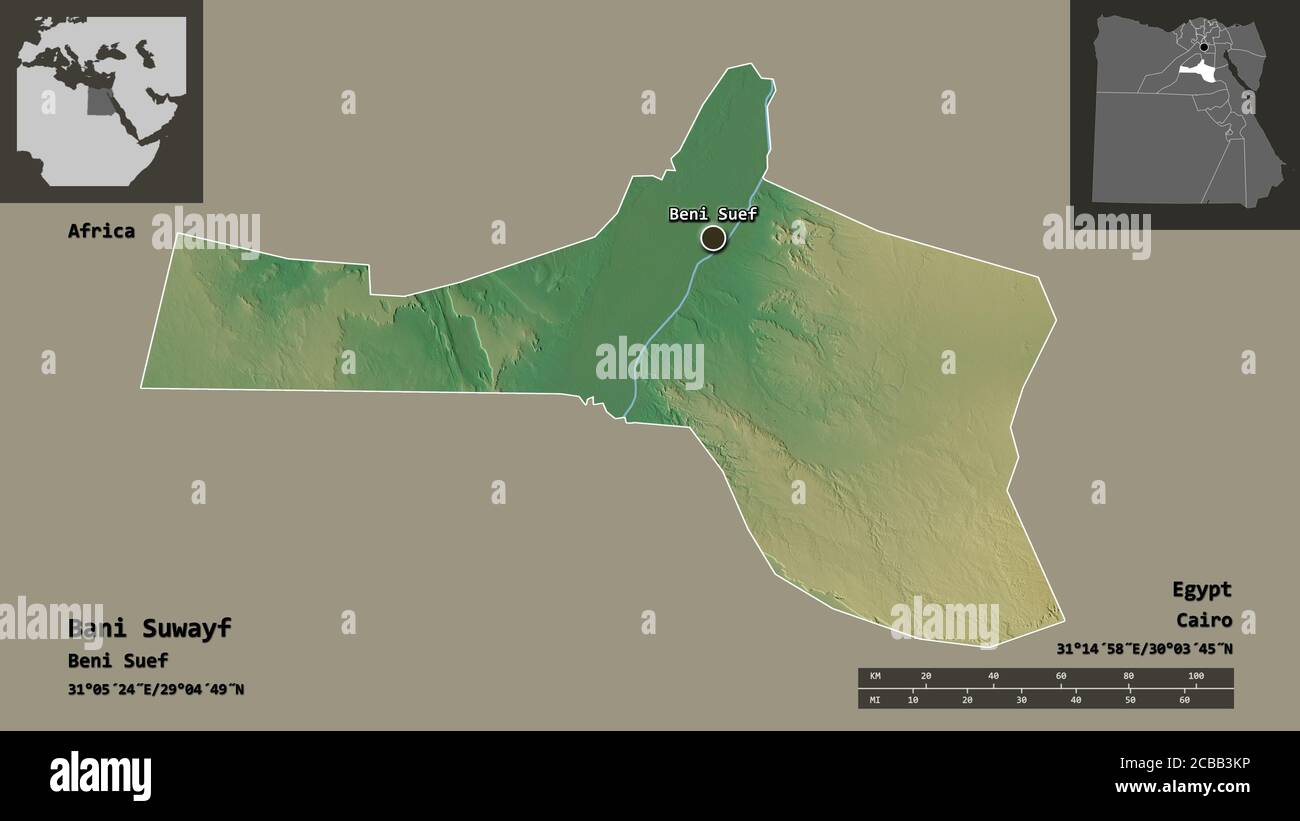 Shape of Bani Suwayf, governorate of Egypt, and its capital. Distance scale, previews and labels ...