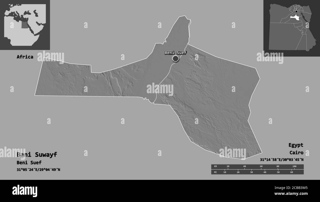 Shape of Bani Suwayf, governorate of Egypt, and its capital. Distance ...