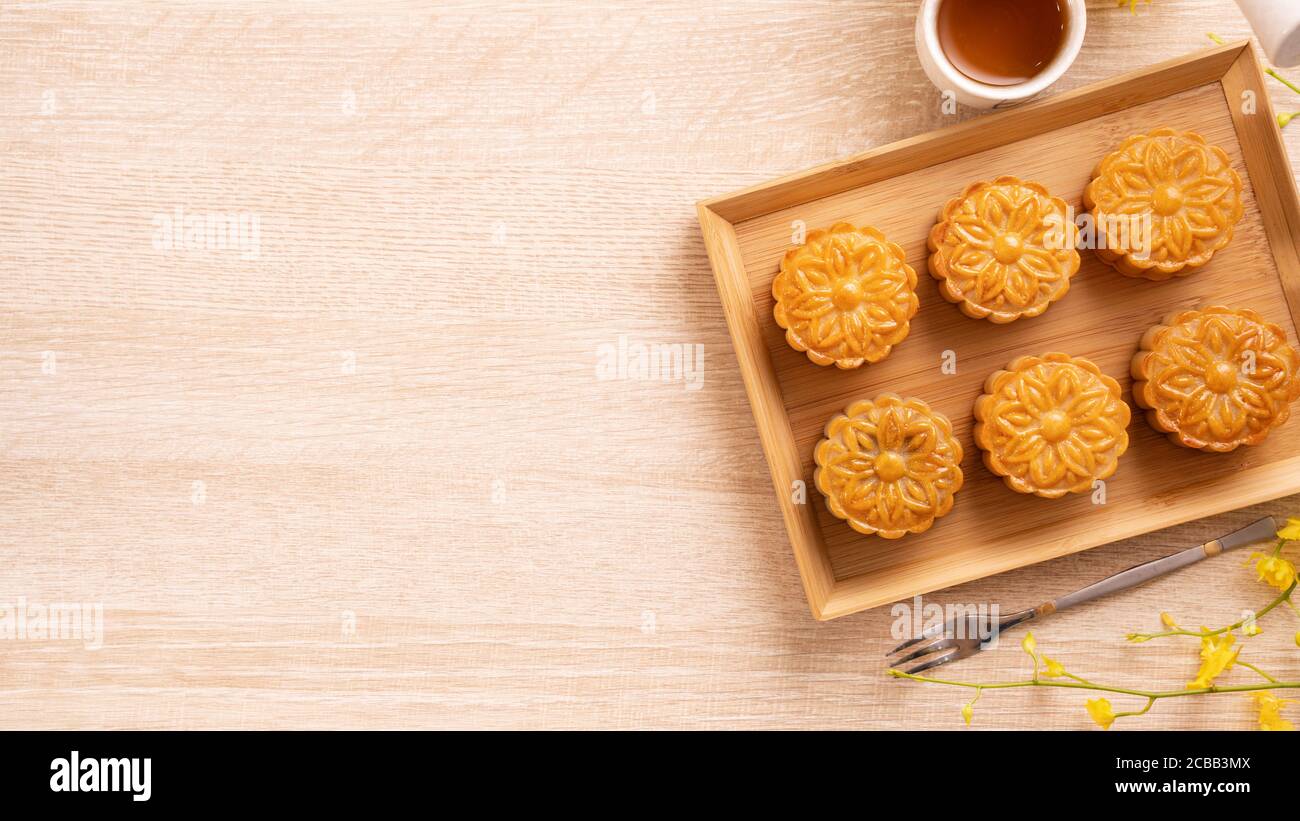 Mid-Autumn Festival holiday concept design of moon cake, mooncakes, tea ...