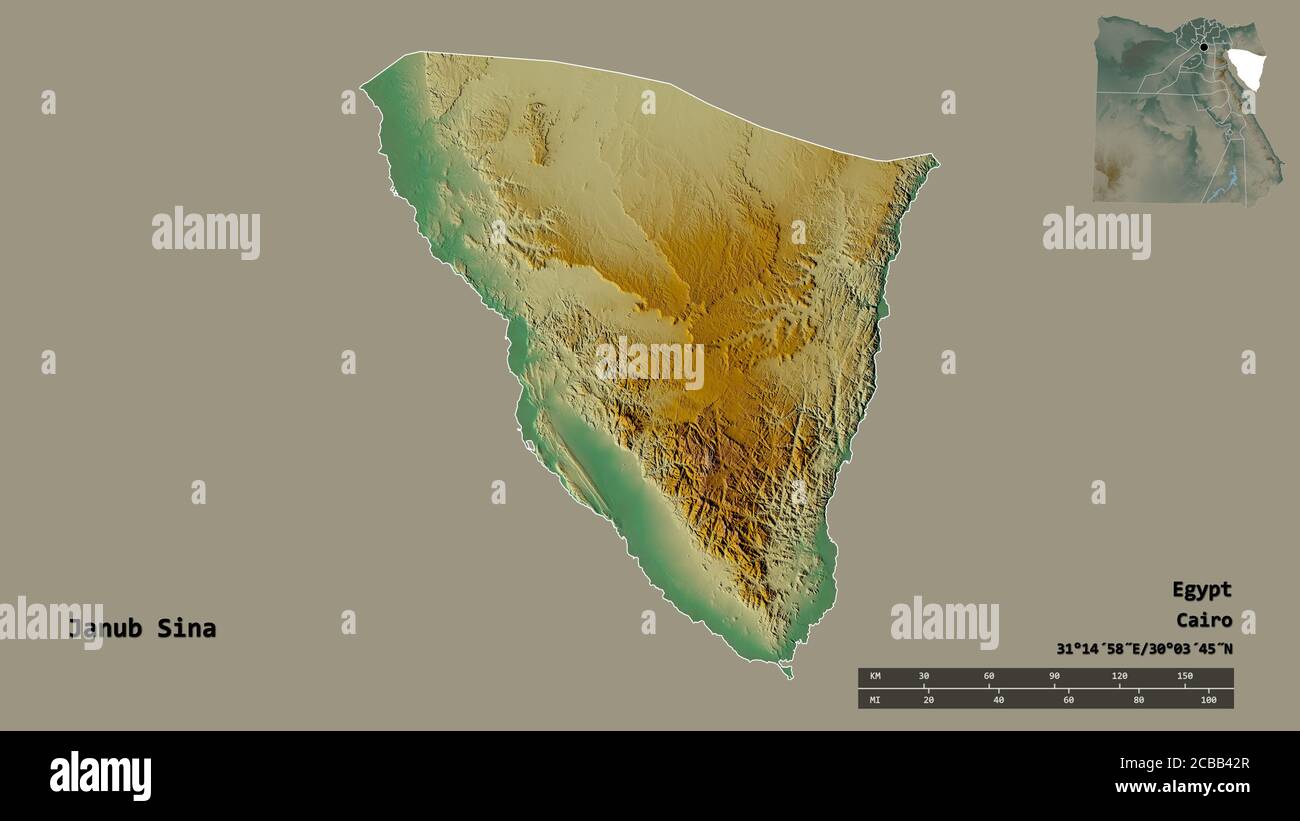 Shape of Janub Sina, governorate of Egypt, with its capital isolated on ...