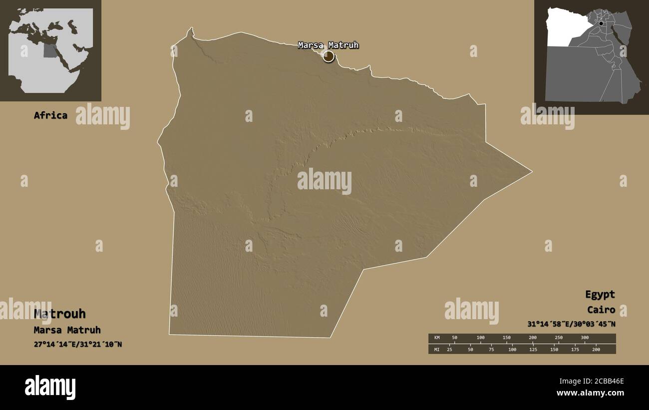 Shape of Matrouh, governorate of Egypt, and its capital. Distance scale ...