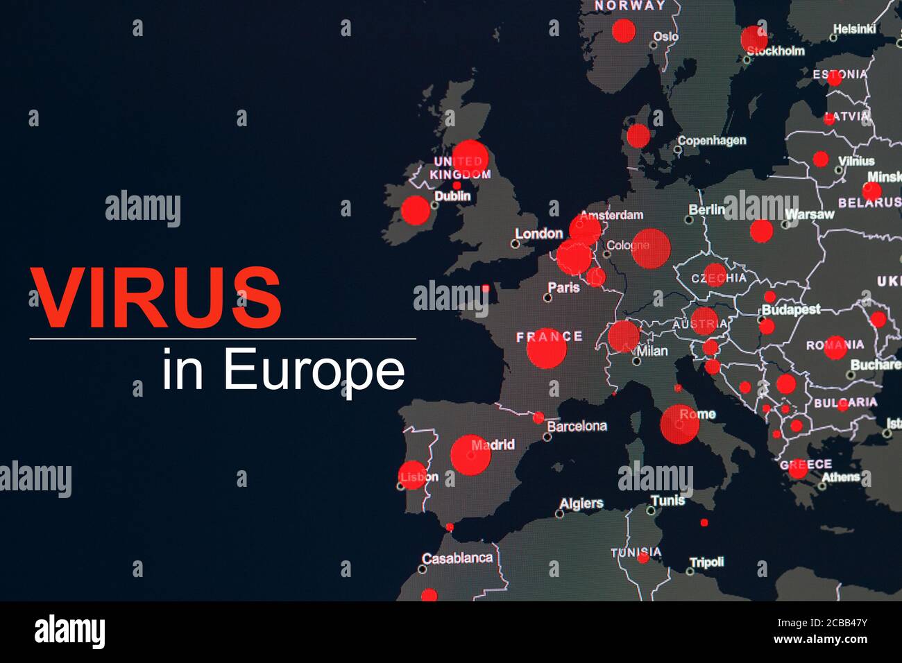 Virus epidemic in Europe the inscription VIRUS on the European map with ...